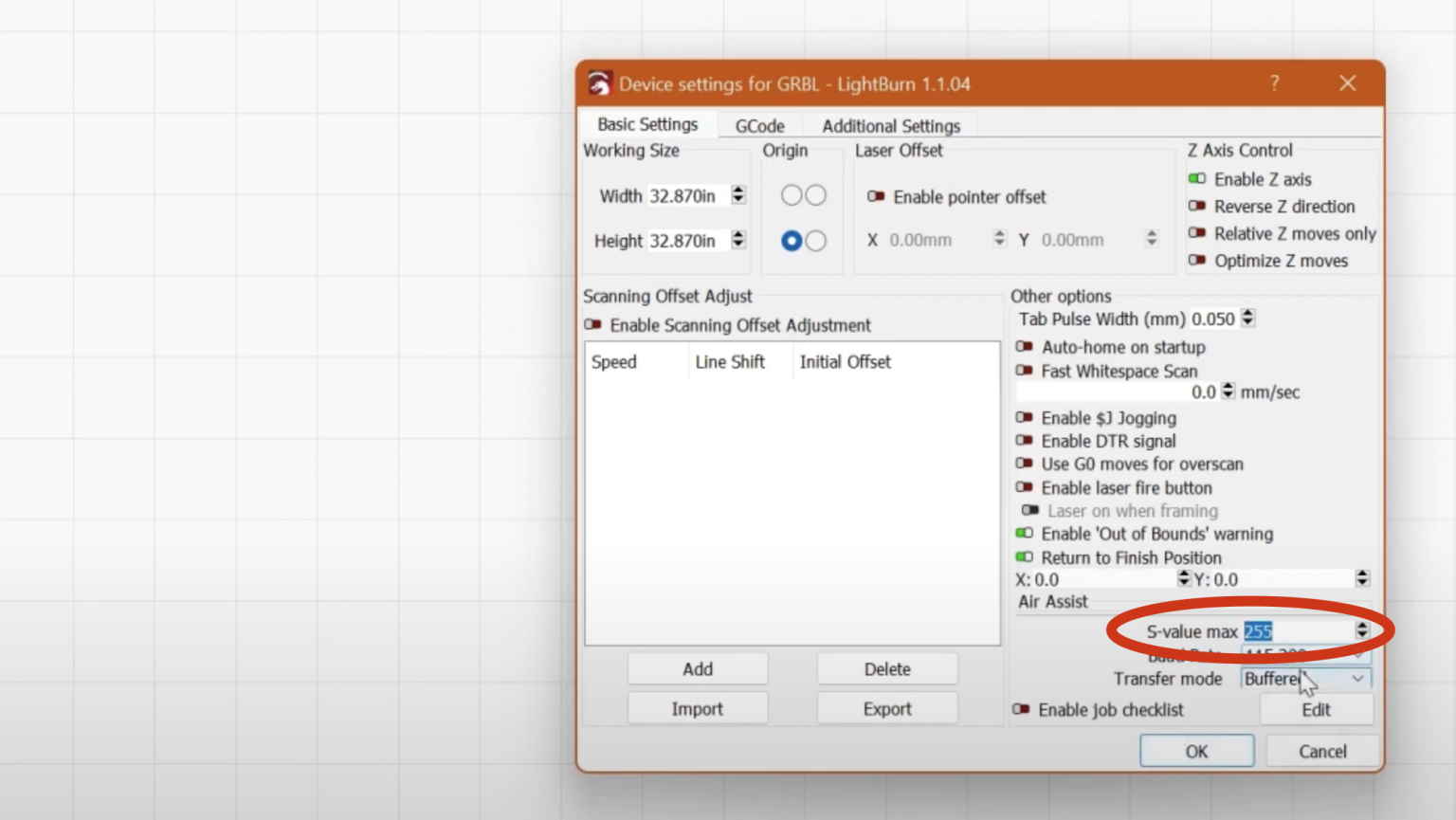 LightBurn Settings - LaserBeam